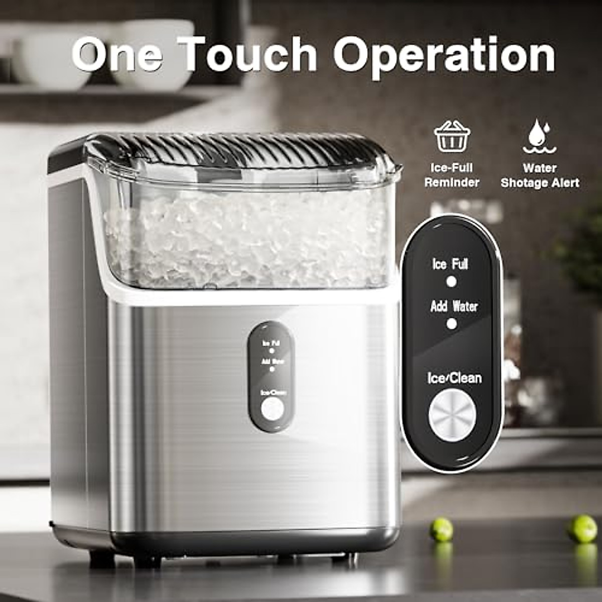 Nugget Ice Makers Countertop, Pebble Ice Machine with Chewable Pellet Ice, 34Lbs/24H, Self-Cleaning, Sonic Ice, One-Click Operation, for Kitchen,Office Stainless Steel Silver