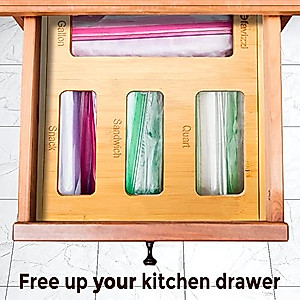 Favizzi Drawer Storage Organizer for Ziploc Bags, Premium Bamboo Kitchen Drawer Bags Organizer and Dispenser, Fits Gallon, Quart, Sandwich and Snack Bags