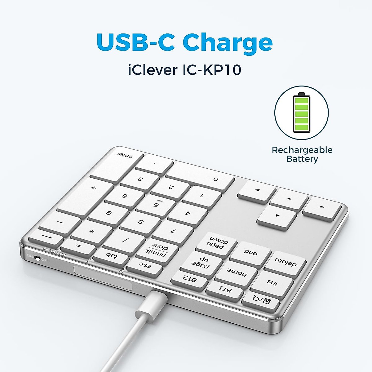 Number Pad for Laptop, iClever Bluetooth Number Pad, USB-C Charge, Aluminum Build, Multi-Device Wireless Number pad for Data Entry, Compatible with Mac, iMac, Tablet, Laptop, PC Desktop
