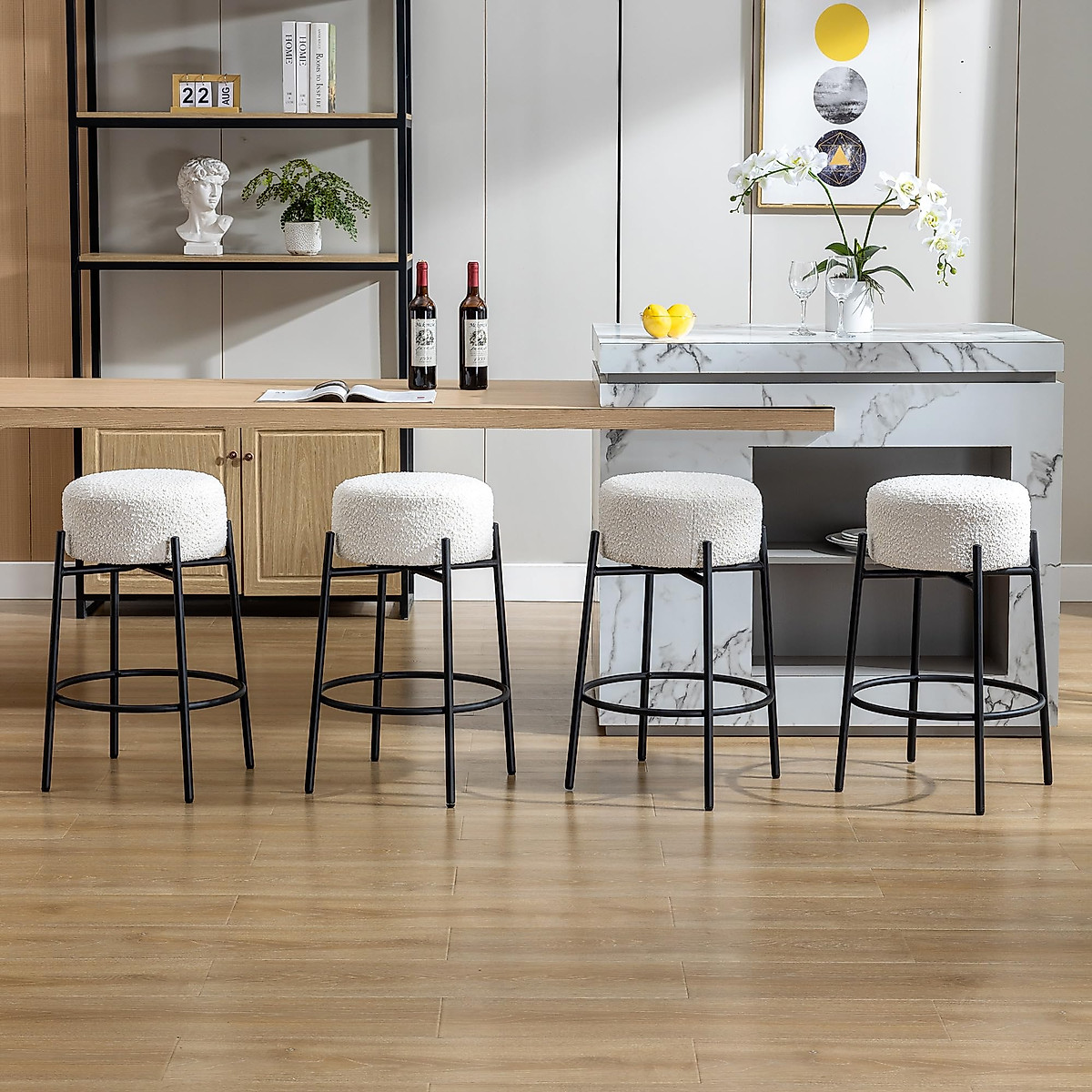 Flouki Swivel Bar Stools Counter Height, Modern Backless Stools for Kitchen Counter, Boucle Fabric Island Chairs with 6.7'' Thick Cushion and Metal Base, 26 inches H, Set of 2, White