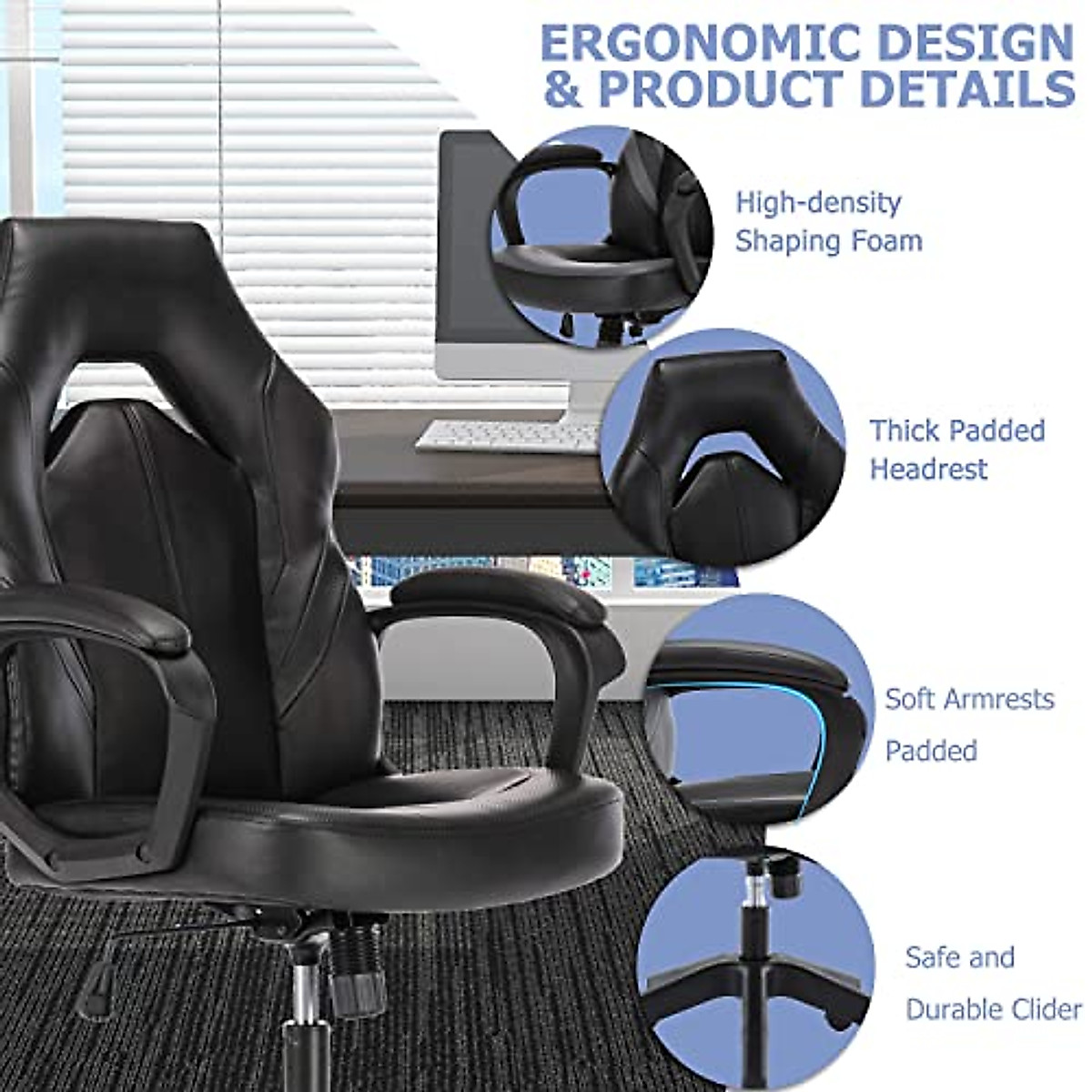 Office Chair, Ergonomic High Back Computer Chair Height Adjustable Desk Chair Faux PU Leather Chair with Armrest Padded and Lumbar Support, Black