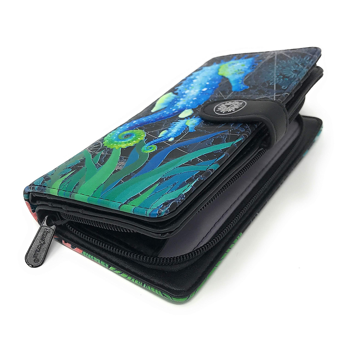 Shag Wear Sea Horse Large Wallet for Women and Teen Girls Vegan Faux Leather Black 7"