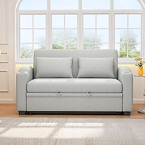 P PURLOVE Upholstered Modern Sofa Bed with Armrest, Convertible Sofa Couch with Adjustable Backrest, Sleeper Bed with 2 Pillows, USB Port, Chenille Pull Out Sofa Bed for Living Room (White Gray)
