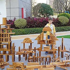 210 pcs Outdoor Large Wooden Building Blocks Set for Kids Toddlers 3-12 (35 lbs), Big Carbonized Wooden Sensory Blocks Toys, Mega Outside Building Toys for Preschool