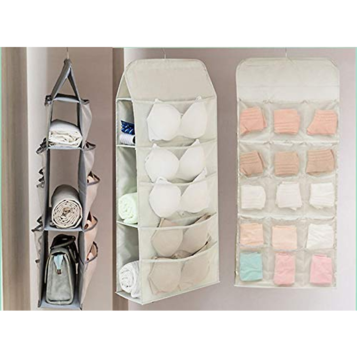 LCXEGO Dual Side Closet Hanging Organizer,3 Shelf Hanging Closet Organizer with Rotating Hanger and Mesh Pocket Bra Underwear Socks Towel Handbag Storage Oxford Bags (3+5+15Pockets,Light Grey)