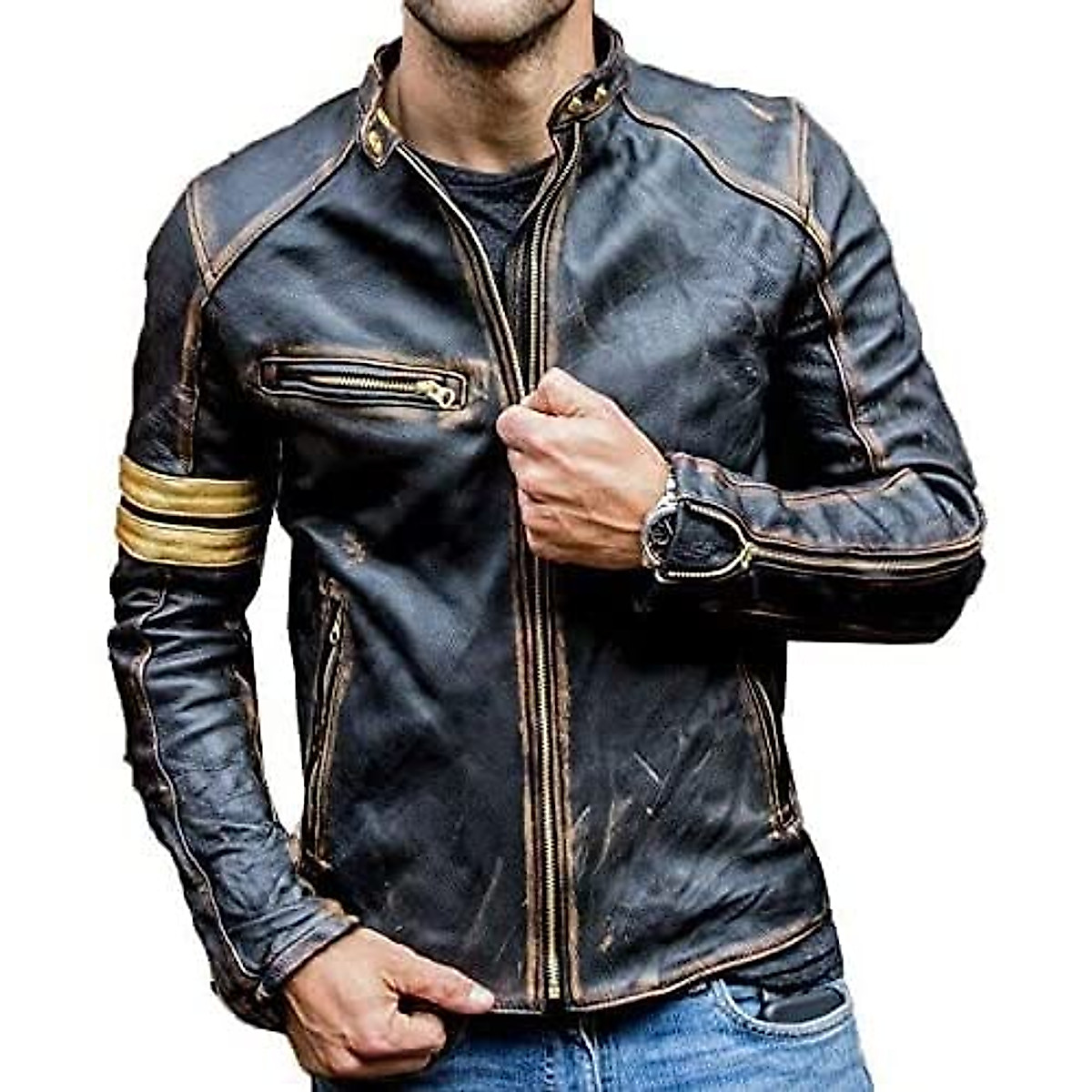 Men's Elite Vintage Cafe Racer Motorcycle Distressed Leather Jacket (XL), Black, A58