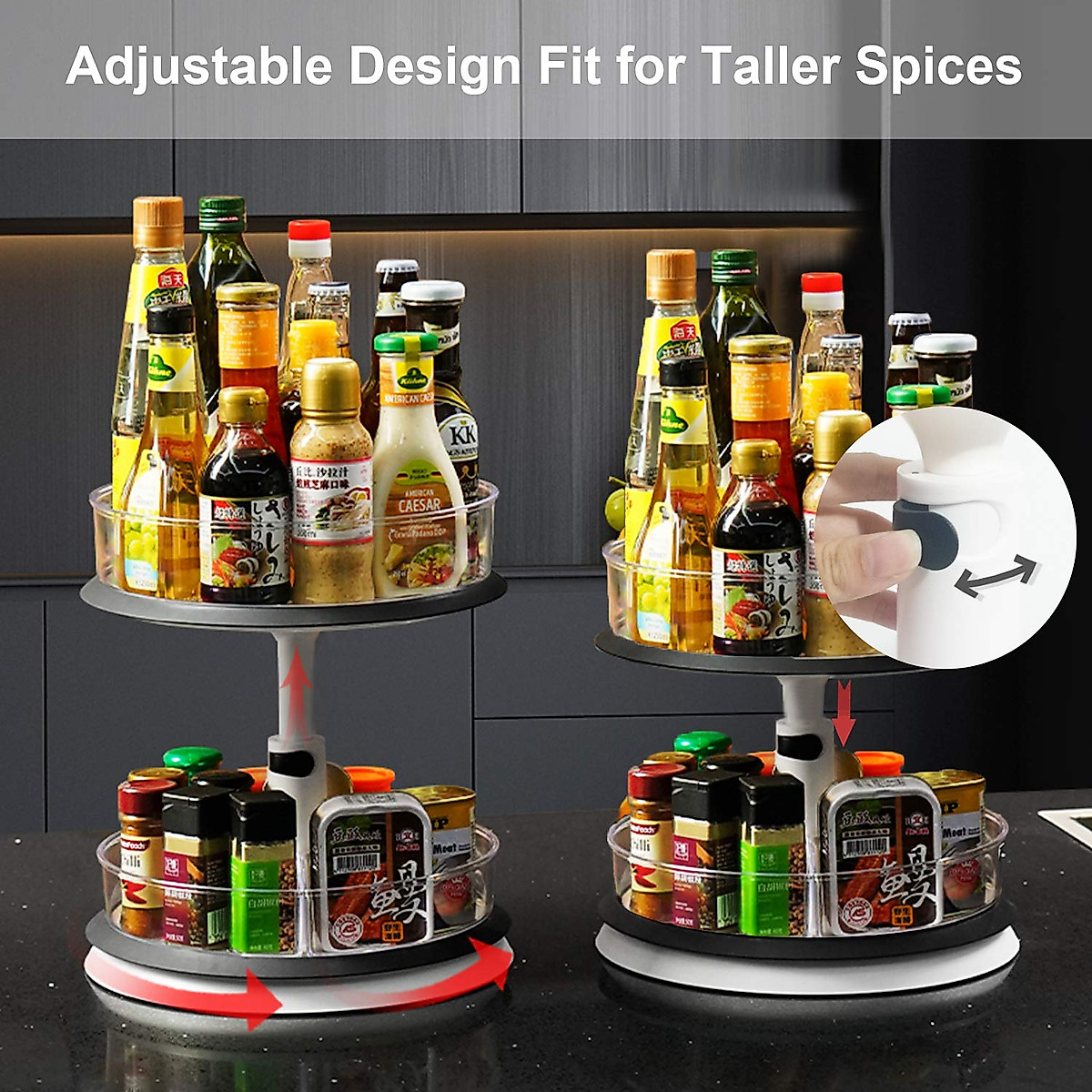 2 Tier Lazy Susan Turntable Kitchen Spice Rack Organizer for Cabinet Rotating Carousel Lazy Susan for Table Spice Storage Pantry Organization Height Adjust & Detachable Large Plastic Clear Bins