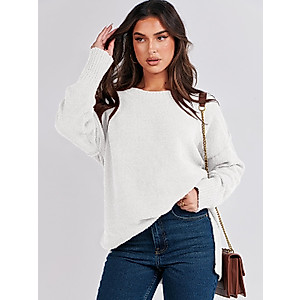 ANRABESS Women's 2024 Fall Oversized Long Sleeve Chunky Fuzzy Knit Casual Crewneck Warm Pullover Sweaters Top Trendy Outfits White