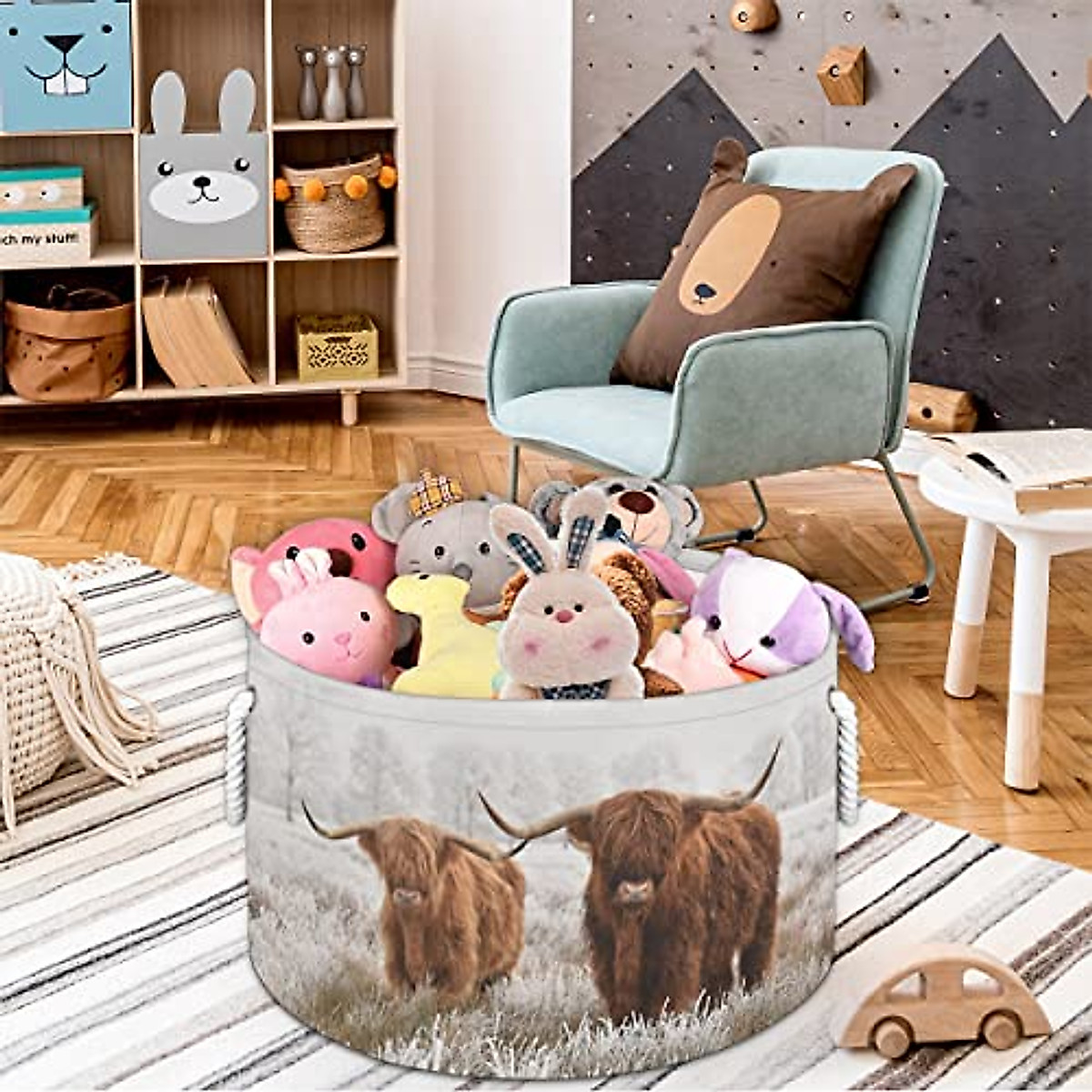 PAYOHTO Large Rope Basket Scottish Highland Cow Decor Baby Stuff Storage Baskets Blanket Clothes Pillows Toys Storage Bin Holder Water Resistant Laundry Hamper Farmhouse Living Room Western Home Decor