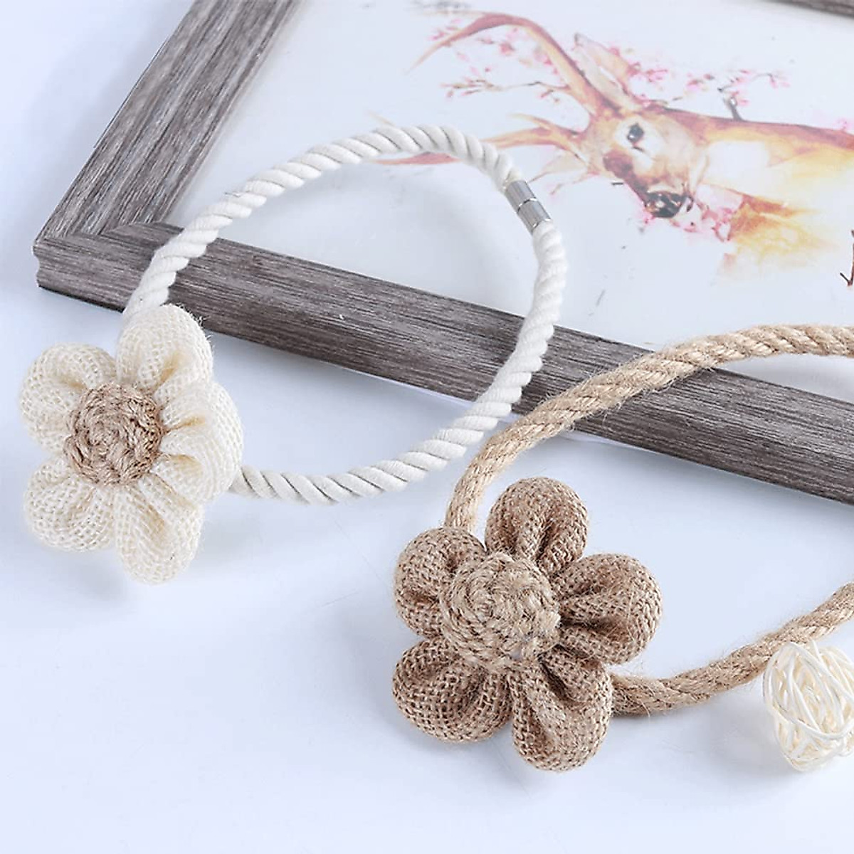 Magnetic Flower Curtain Tiebacks Style Tie Decorative Weave Rope Curtain, glrovazas 2 Pack Curtain Holders for Window Decor Bedroom Office Home(Curry)