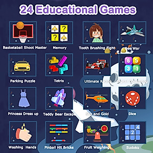 Kids Game Smart Watch Gifts for Girls Age 4-12, 24 Puzzle Games HD Touch Screen Smart Watches with Video Camera Music Player Pedometer Flashlight 12/24hr, Educational Toys for 8 10 12 Year Old Girl