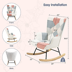 Tatub Rocking Chair Nursery, Upholstered Rocking Chair Indoor with High Backrest and Wooden Base, Modern Glider Chair for Nursery, Living Room, Bedroom, Office （Patchwork Linen Pink）