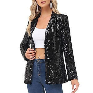 Women Long Sleeve Sequin Blazer Casual Open Front Sparkly Jackets for Party with Pockets Black S