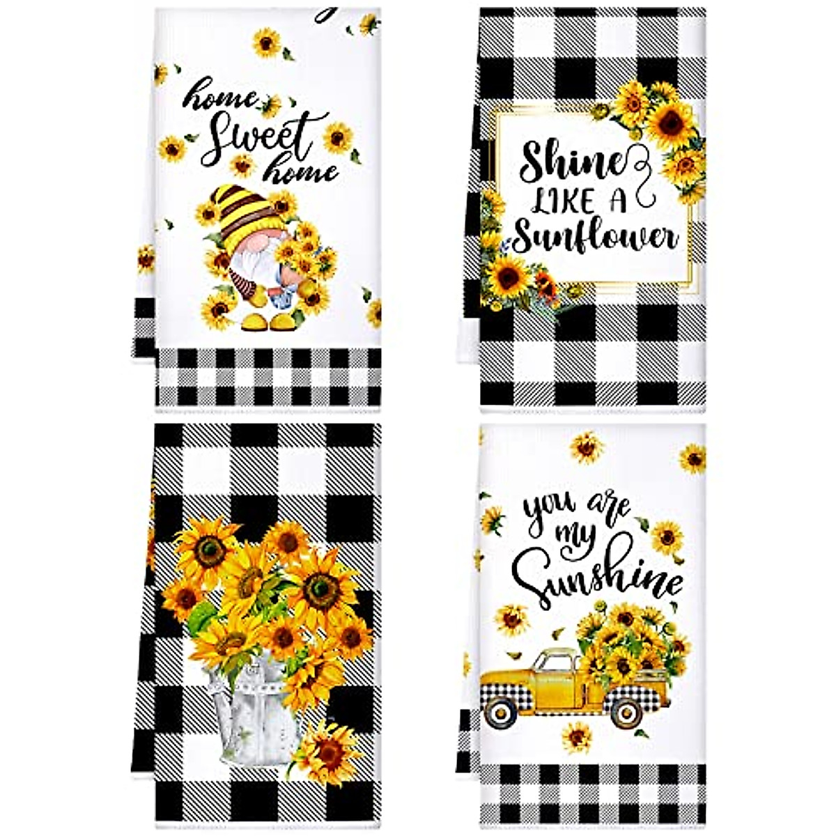 Kajaia 4 Pcs Bee Sunflower Kitchen Towels Summer Gnome Dish Towels Watermelon Lemon Tea Towels Sunshine Hand Towels Absorbent Plaid Towels for Bathroom Housewarming Gifts (Sunflower)