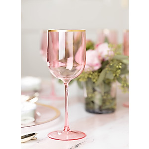 PARTY BARGAINS 5 Wine Goblets - Pink Gold Rim (12oz) - Disposable Shatterproof Elegant Design Plastic Wine Glasses with Stem - For Pool Parties, Outdoors Receptions, Weddings