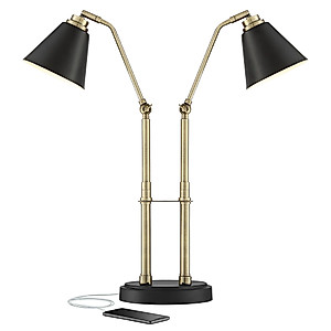 Possini Euro Design Sentry Mid Century Modern Desk Lamp 23" High with USB Charging Port Black Brass Gold Metal LED Adjustable Cone Shade for Living Room Bedroom House Bedside Nightstand Office