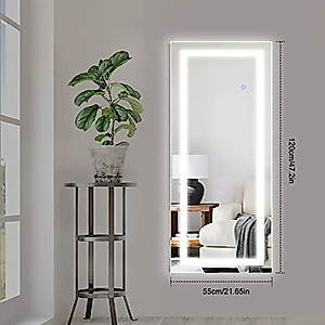 QiMH Vertical 47x22 Inch Wall Mounted LED Lighted Vanity Mirror with Aluminum Frame Backlit, 3 Colors Dimmable Light, Bedroom and Bathroom Hanging Rectangle Whole Body Mirror