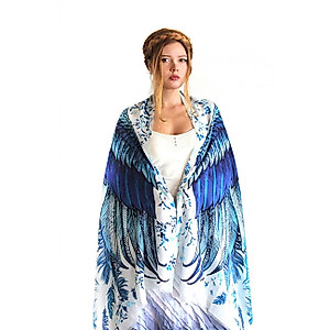 Pure Silk Wearable Artistic Hand Painted Bird Wing Feather Scarf (Blue Wings)