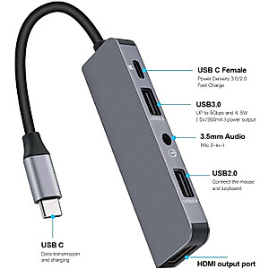 Type-c Docking Station, 5-in-1 Hub Usb3.0 3.5mm Audio Hdmi Pd Fast Charge Compatible with Windows Xp/Vista, Win 7/win8/win 10, Mac Os, Linux, Android (Silver) (Silver)