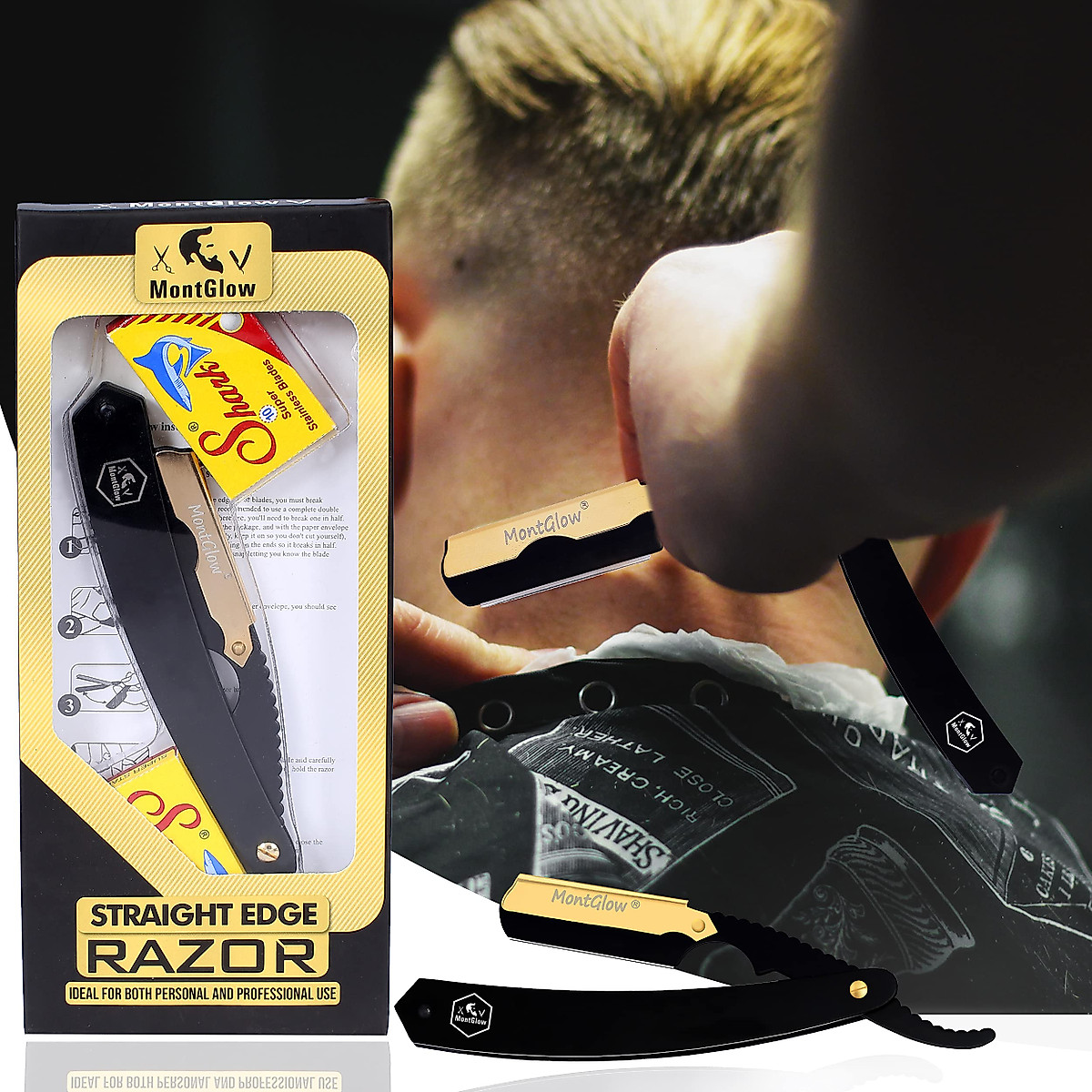 Professional Matte Black Barber Straight Razor with 10 Premium Quality Straight Edge Razor Shark Blades, For Smooth Shave and Lining Up Your Beard (Black)