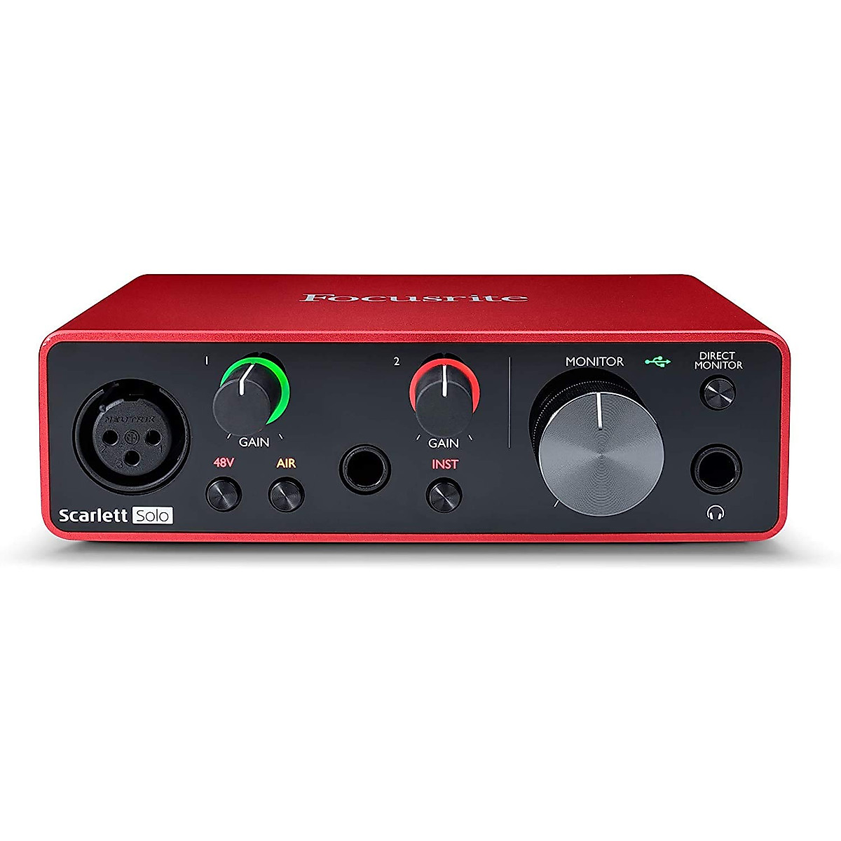 Focusrite Scarlett Solo 2x2 USB Audio Interface Full Studio Bundle with Creative Music Production Software Kit and Eris 4.5 Pair Studio Monitors and 1/4” Instrument Cables