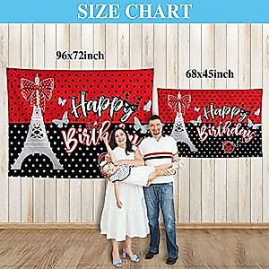 Allenjoy 68" x 45" Ladybug Birthday Backdrop Red and Black Glitter Party Supplies Decorations Photoshoot Baby Girls Kids Bday Banner Eiffel Tower Bow Decor Background Photo Booth Props