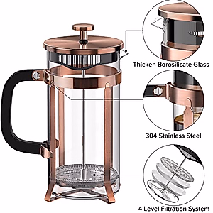 QUQIYSO French Press Coffee Maker 304 Stainless Steel French Press with 4 Filter, Heat Resistant Durable, Easy to Clean, Borosilicate Glass Coffee Press, 100% BPA Free Glass Teapot, 21 ounce, copper