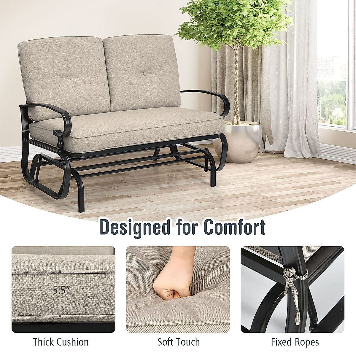 Giantex Outdoor Glider Bench, Patio Loveseat with Cushions, 440 Lbs Capacity, 2-Person Outdoor Rocking Chair, Porch Glider Swing for Garden, Backyard, Poolside, Patio Seating Rocker (Beige)