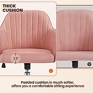 Yaheetech Velvet Office Desk Chair Height Adjustable Task Chairs Modern Office Chair Makeup Chair 360° Swivel Computer Chair Mid Back Chair Living Room Chairs with Arms&Stainless Base Accent Pink