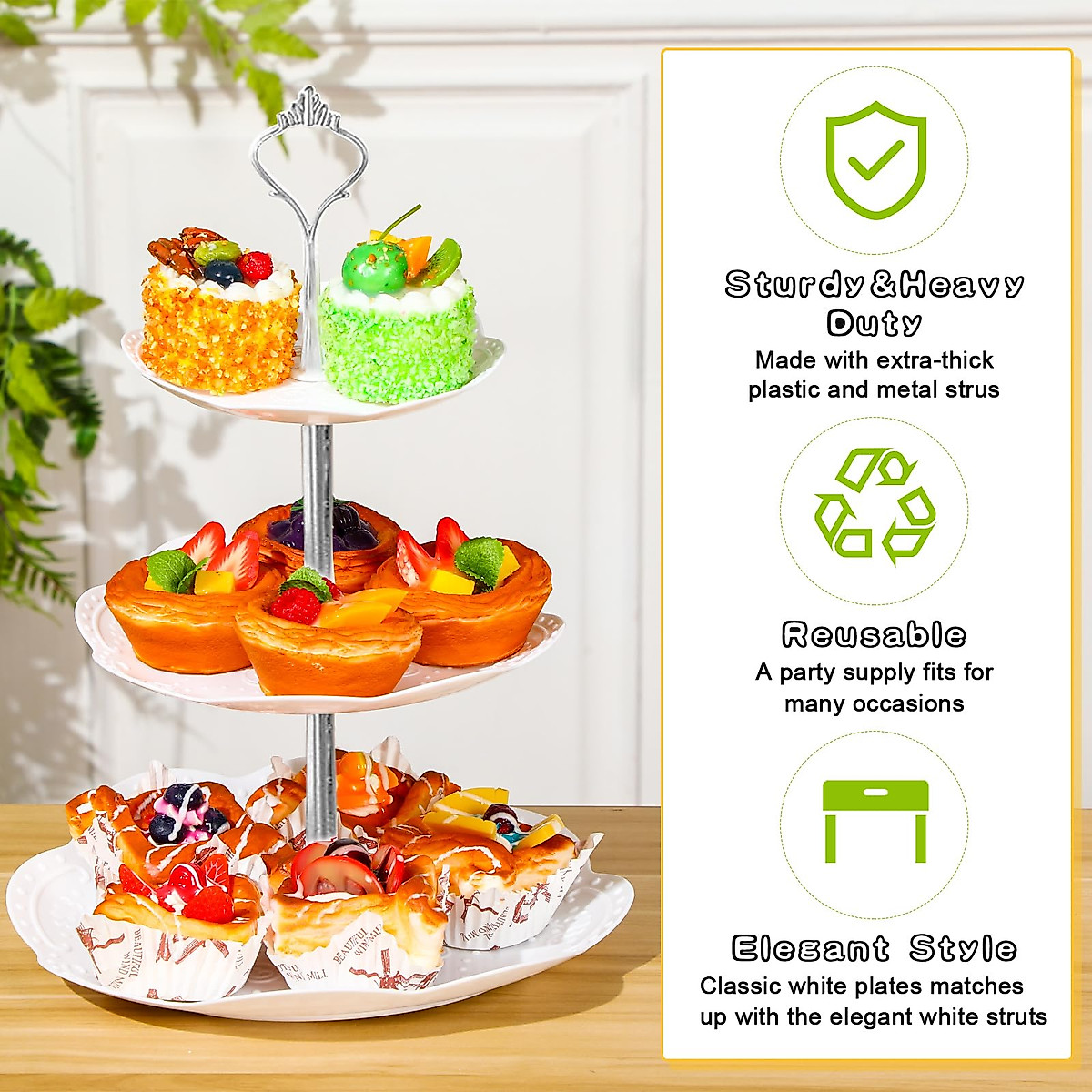 Zhehao 15 Pcs Dessert Table Display Set Tiered Cupcake Stands Serving Tray Plastic 2 Tier 3 Tier Cake Stands Round Cake Stand Candy Fruit Display Tower for Wedding Birthday Party (Silver, White)