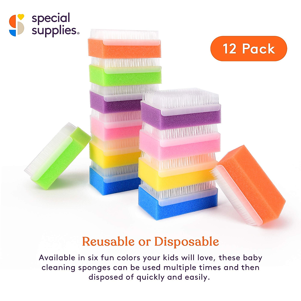 Special Supplies (12 Pack) Baby Bath Sponges Soft Foam Scrubber with Cradle Cap Bristle Brush - Body, Hair, and Scalp Cleaning - Gentle on Infant, Toddler Sensitive Skin - Great Sensory Feel