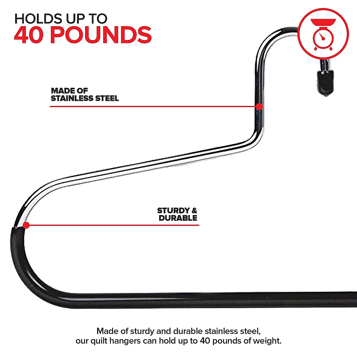 Blanket Hangers (12 Pack) - Stainless Steel Quilt Hangers with Vinyl Non-Slip Coating - Holds Up to 40 Lbs - Heavy Duty Hangers for Closet Storage, Comforters, Bedding, Towels, Rugs - Stock Your Home