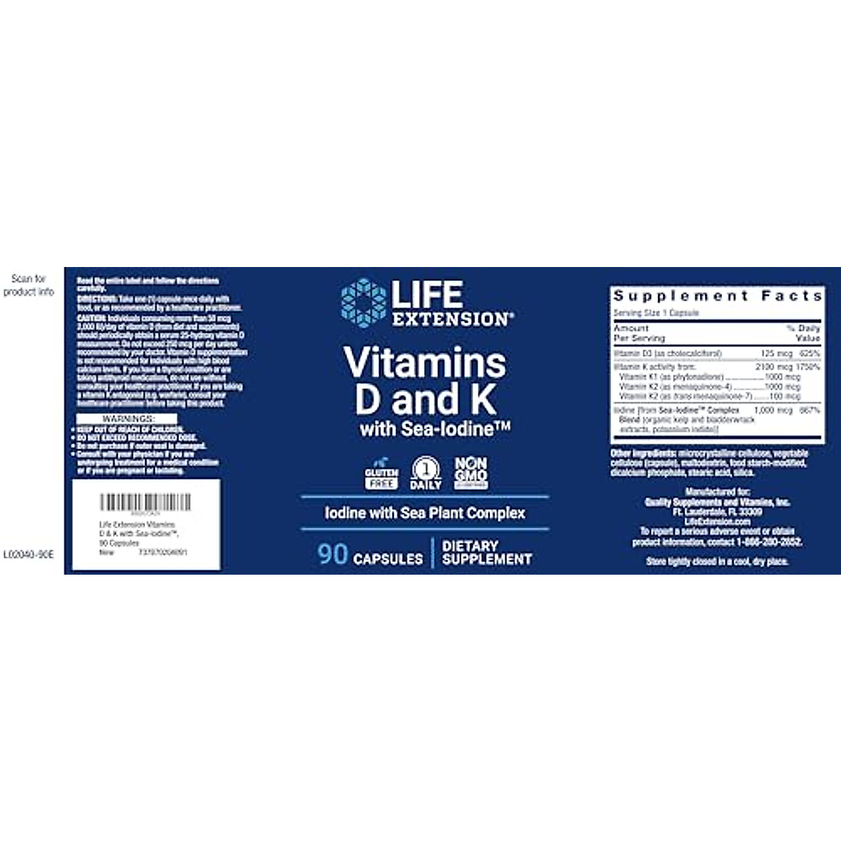 Life Extension Vitamins D and K with Sea-Iodine, 90 Caps (Pack of 2)