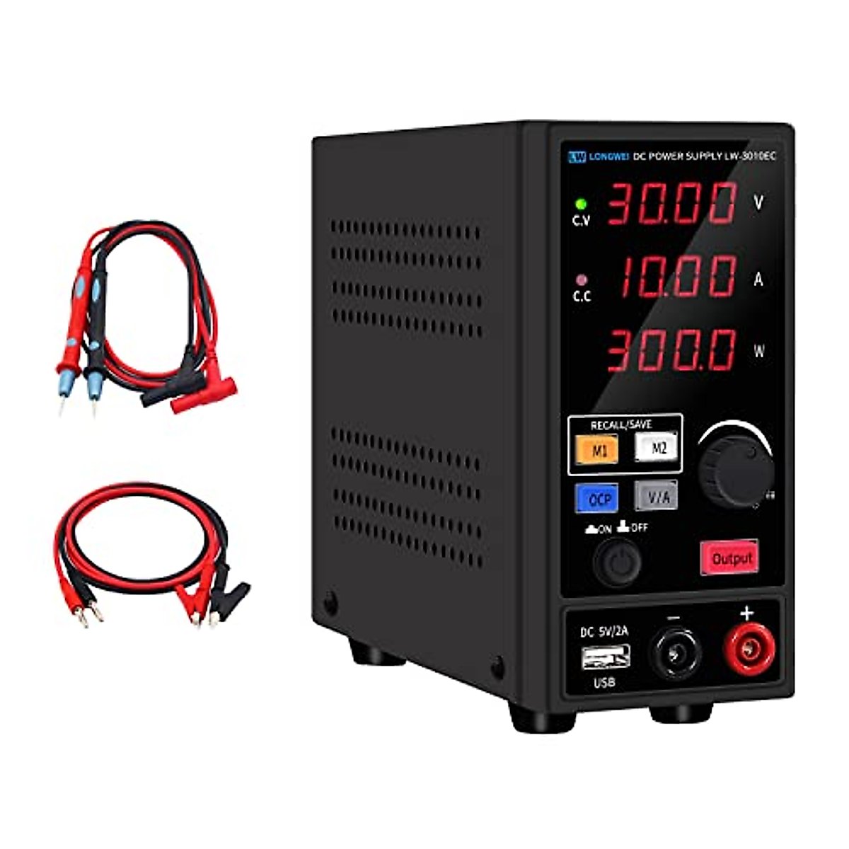 Programmable 30V/10A DC Power Supply Variable, Adjustable Switching Regulated Power Supply with 4-Digit Large Display Alligator Leads, 5V/2A USB Interface，2 Groups of Internal Memories.