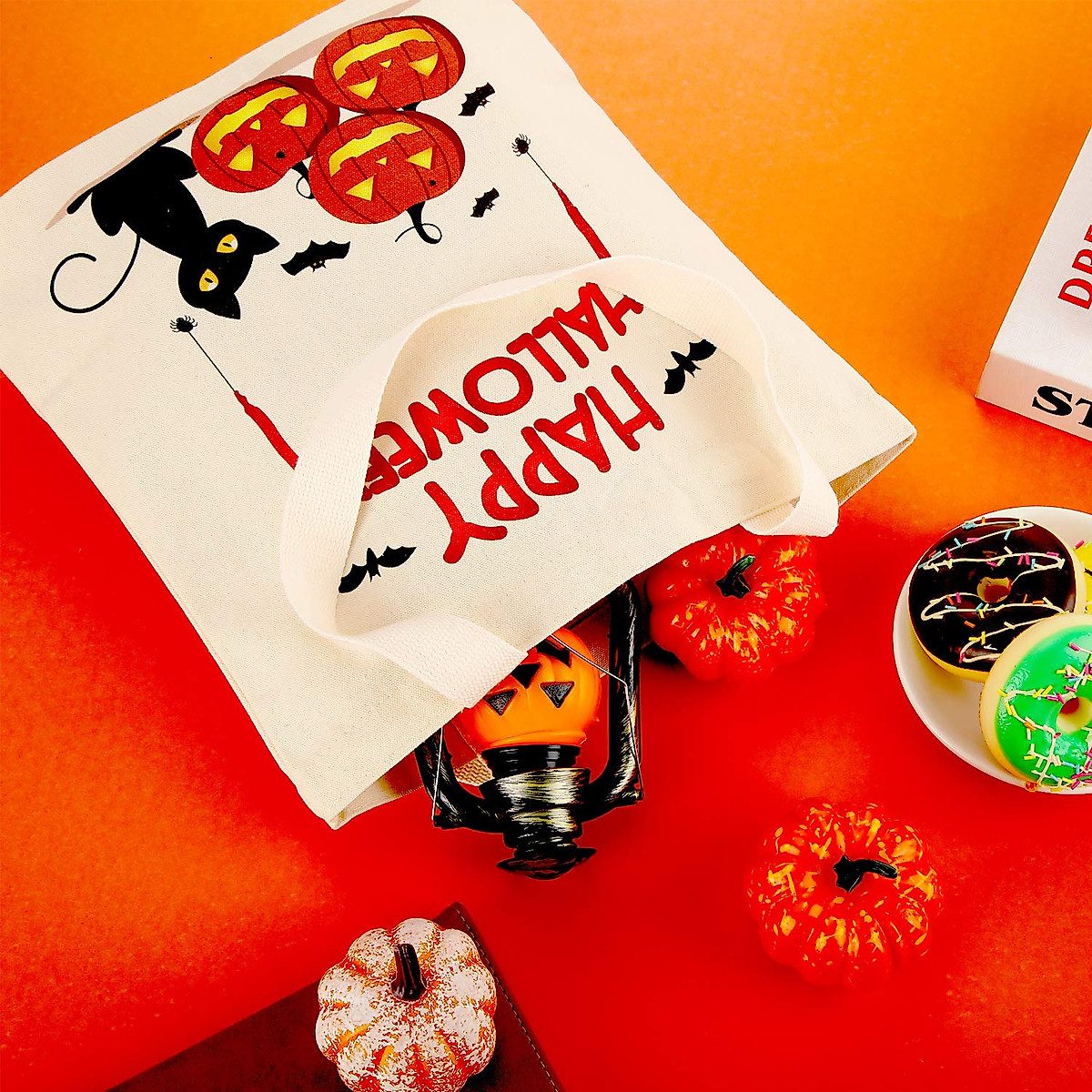 Weewooday 2 Pieces Halloween Tote Bag Reusable Canvas Bag Grocery Shopping Bag Pumpkin Candy Bag for Halloween Party or Daily Supplies