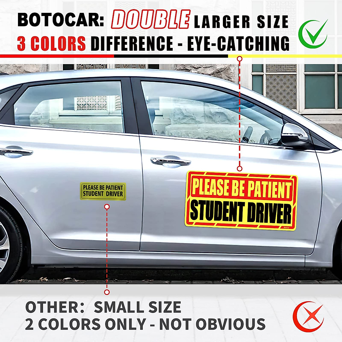 Botocar Student Driver Car Magnet, 2 Pack Super Large Please Be Patient Student Driver Signs for Car, Reflective New Driver Vehicle Bumper Magnetic Sticker, Novice Driver Safety Warning Sign, 12×6in