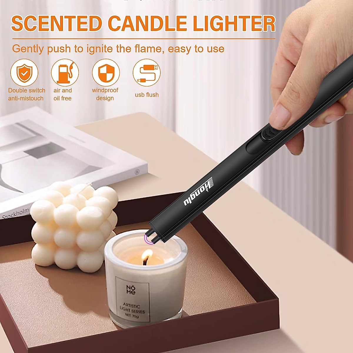 honglu Lighter Electric Lighter, Candle lighters, USB Plasma Long Arc Lighters Rechargeable Safety Lock for Cooking BBQs Fireworks No Butane Fuel - Black