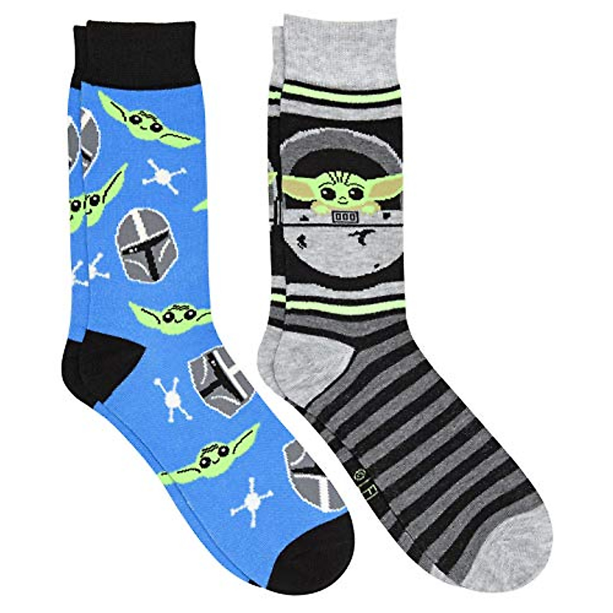 STAR WARS Baby Yoda and Mando All Over Print and Striped Men's Crew Socks 2 Pair Pack