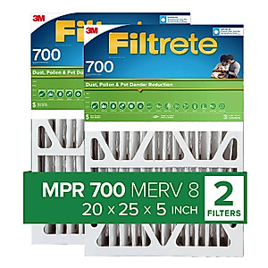 Filtrete 20x25x5 Air Filter, MPR 700, MERV 8, Clean Living Dust, Pollen and Pet Dander Reduction Pleated 5-Inch Air Filters, 2 Filters, White