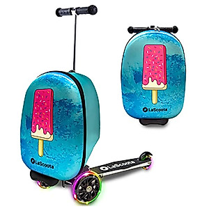 LaScoota Scooter Suitcase, Foldable Scooter Luggage For Kids - Lightweight Kids Ride on Luggage Scooter with Wheels, LED Lights - Ice Cream Graphic Suitcase Scooter, Ride On Suitcase for Kids Ages 4-8