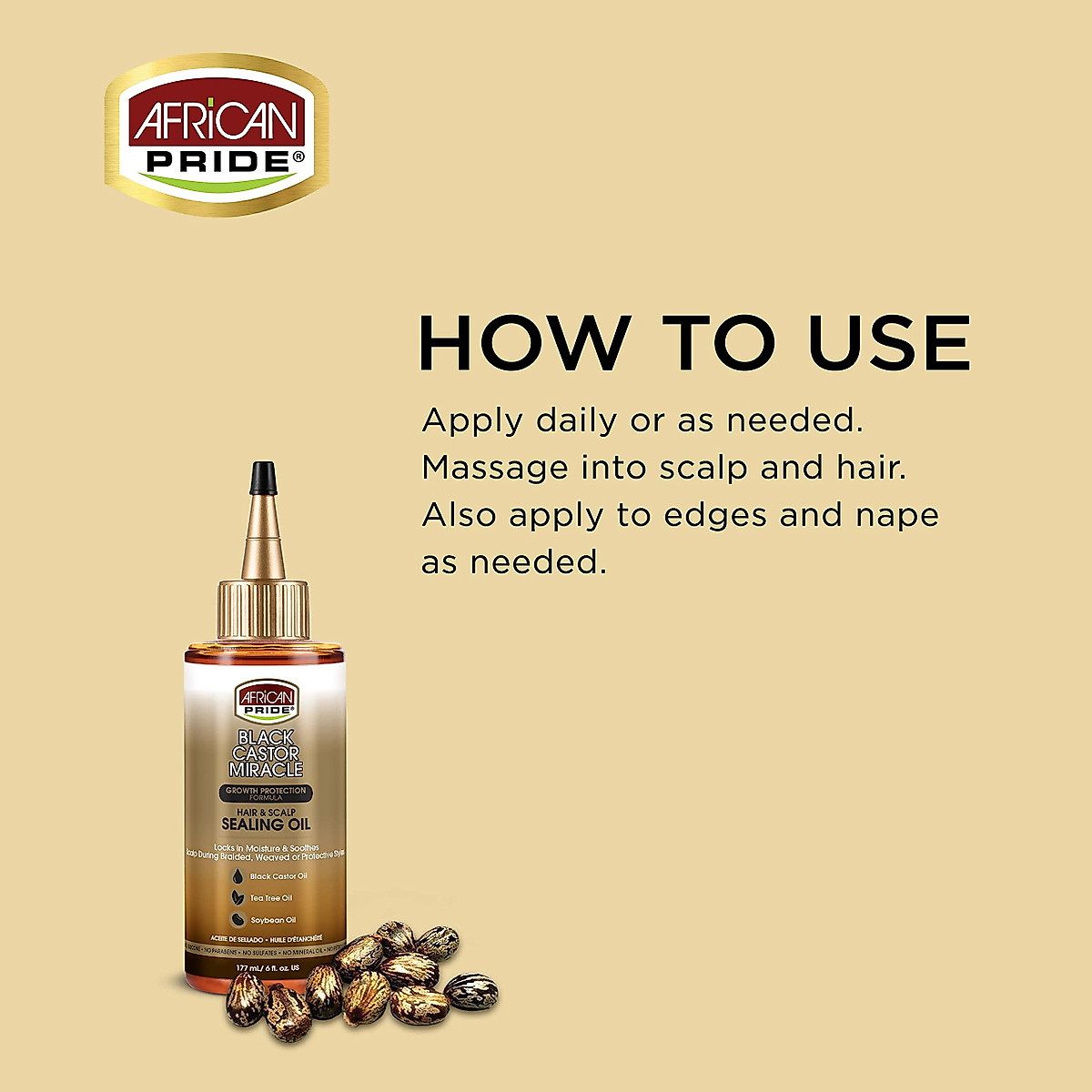 African Pride Black Castor Miracle Hair & Scalp Sealing Oil - Locks in Moisture & Soothes, Contains Black Castor/Tea Tree/Soybean Oil, 6 oz