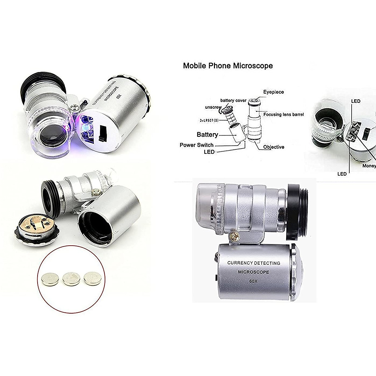 60X Portable Pocket Size Magnifying Glasses with UV and LED Light Mini Lightweight Handheld Microscopes Professional Tricomes, Jewelry,Coin, Bud, Plant, Science, Magnifying Glass (60X with Clip)