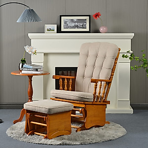 Wlvos Anti-Pinching Glider Chair for Nursery, Wood Glider Rocker with Ottoman Set, Nursery Rocking Chair for Living Rooms, Bedrooms (Antique Brown)