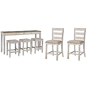 Signature Design by Ashley Skempton 4 Piece Counter Height Dining Set, Includes Table and 3 Barstools, Whitewash & Skempton 24" Counter Height Upholstered Barstool, Set of 2, Antique White