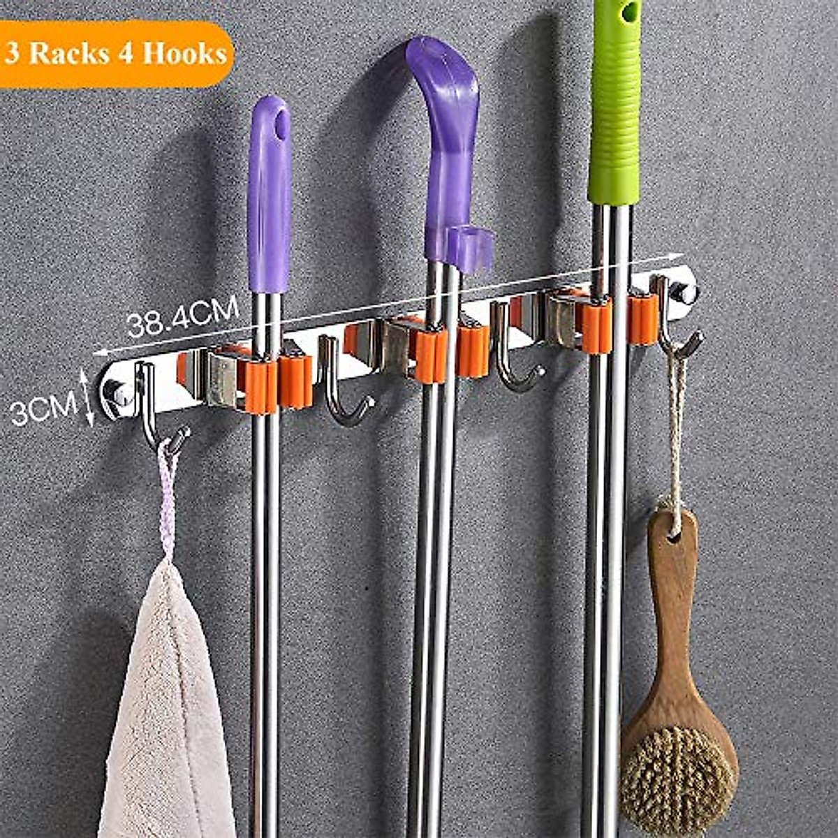 Broom Mop Holder Wall Mounted with 3 Racks 4 Hooks Heavy Duty Tools Hanger Garden Tool Organizer Garage Storage Rack Kitchen Utility Racks Home Hanger Closet Shed Basement