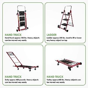 Kerry Kart 4-in-1 Rolling Utility Cart, Trolley and Moving Dolly with Folding 3-Step Ladder – Move Boxes, Furniture and Appliances with 1 Foldable Cart and Step Stool (Red)
