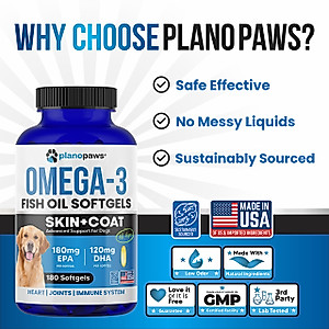 Omega 3 Fish Oil for Dogs Capsules - Salmon Oil for Dogs - Dog Fish Oil Supplement May Help Shedding, Allergy, Itching - Support Dry Skin, Joints - Dog Skin and Coat Supplement - 180 Fish Oil Pills