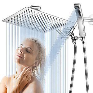 HotQing 12" Chrome Dual Square Shower Head, 15" Brass Adjustable Extension Arm, Rainfall Shower Head with Handheld, 3-Way Diverter with Holder, Teflon Tape Included