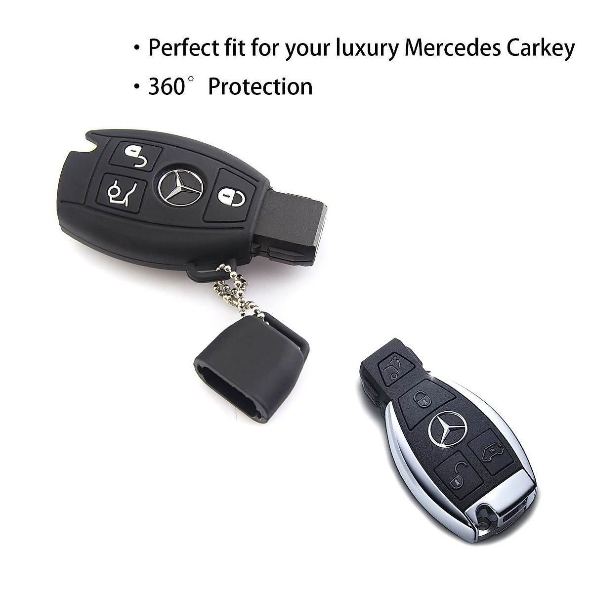 Xotic Tech Black Soft Silicone Key Fob Shell Cover Case w/ Keychain, Compatible with Mercedes Benz C E R S M GLK CLA CLK GLS W164 W204 W205 S204 S205 W212 W221 3-Button Smart Keyless Entry Key