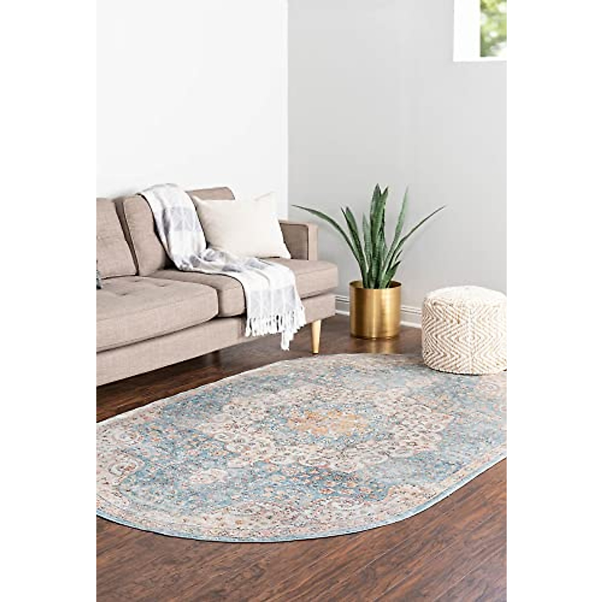 Unique Loom Newport Collection Area Rug - Elms (Oval 5' 3" x 8' 0", Blue/Ivory)